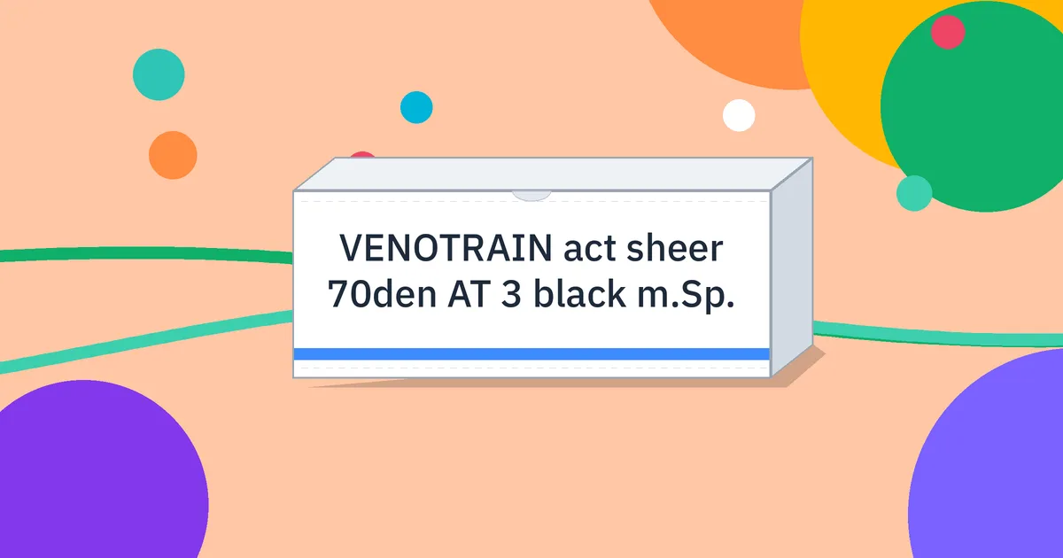 Symbolbild: Packung mit der Aufschrift VENOTRAIN act sheer 70den AT 3 black m.Sp. (PZN 16206850) – Verfügbarkeit und Bezug in Apotheken in Frankfurt am Main