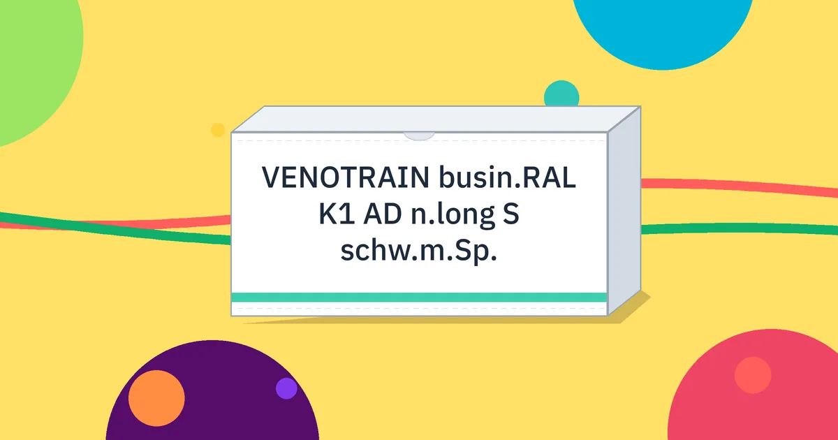 Symbolbild: Packung mit der Aufschrift VENOTRAIN busin.RAL K1 AD n.long S schw.m.Sp. (PZN 06948645) – Verfügbarkeit und Bezug in Apotheken in Frankfurt am Main