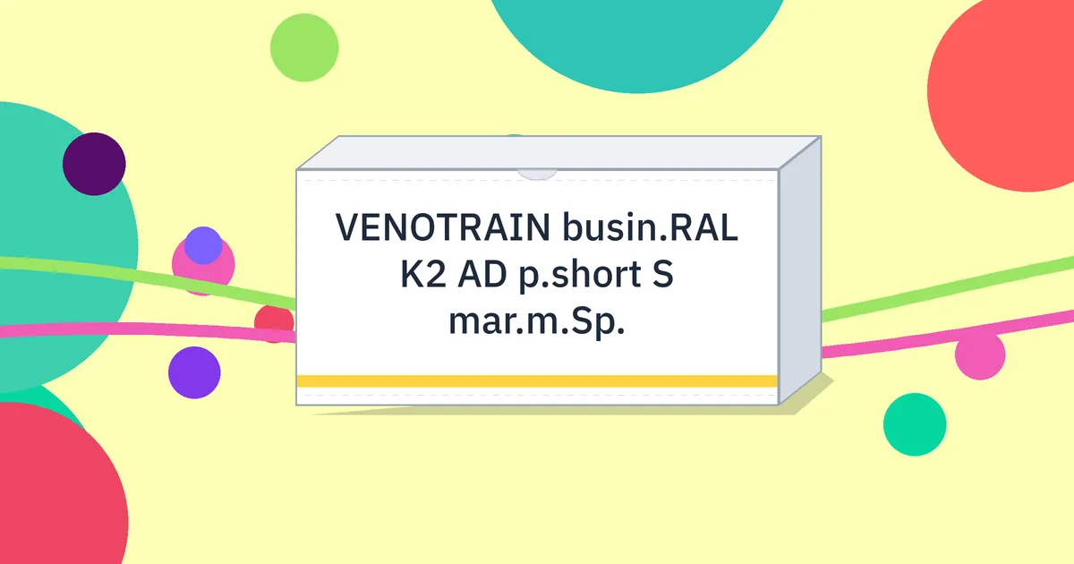 Symbolbild: Packung mit der Aufschrift VENOTRAIN busin.RAL K2 AD p.short S mar.m.Sp. (PZN 06949231) – Verfügbarkeit und Bezug in Apotheken in Frankfurt am Main