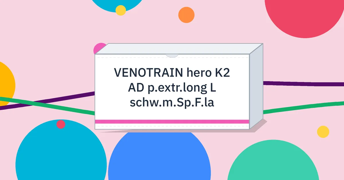 Symbolbild: Packung mit der Aufschrift VENOTRAIN hero K2 AD p.extr.long L schw.m.Sp.F.la (PZN 19190090) – Verfügbarkeit und Bezug in Apotheken in Frankfurt am Main