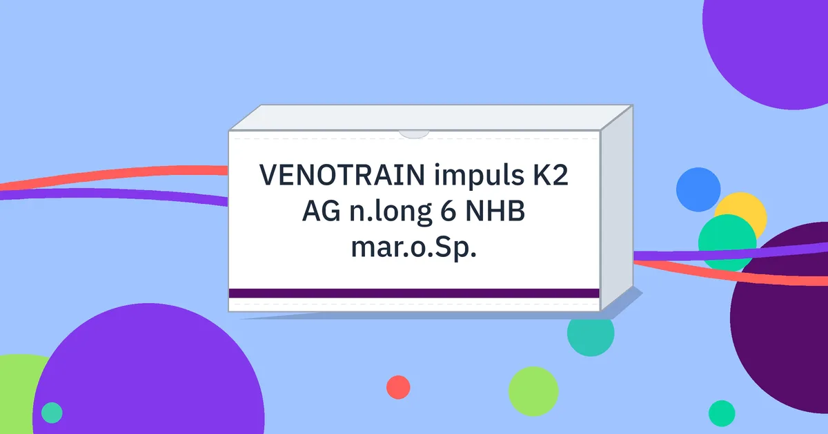 Symbolbild: Packung mit der Aufschrift VENOTRAIN impuls K2 AG n.long 6 NHB mar.o.Sp. (PZN 15214451) – Verfügbarkeit und Bezug in Apotheken in Frankfurt am Main