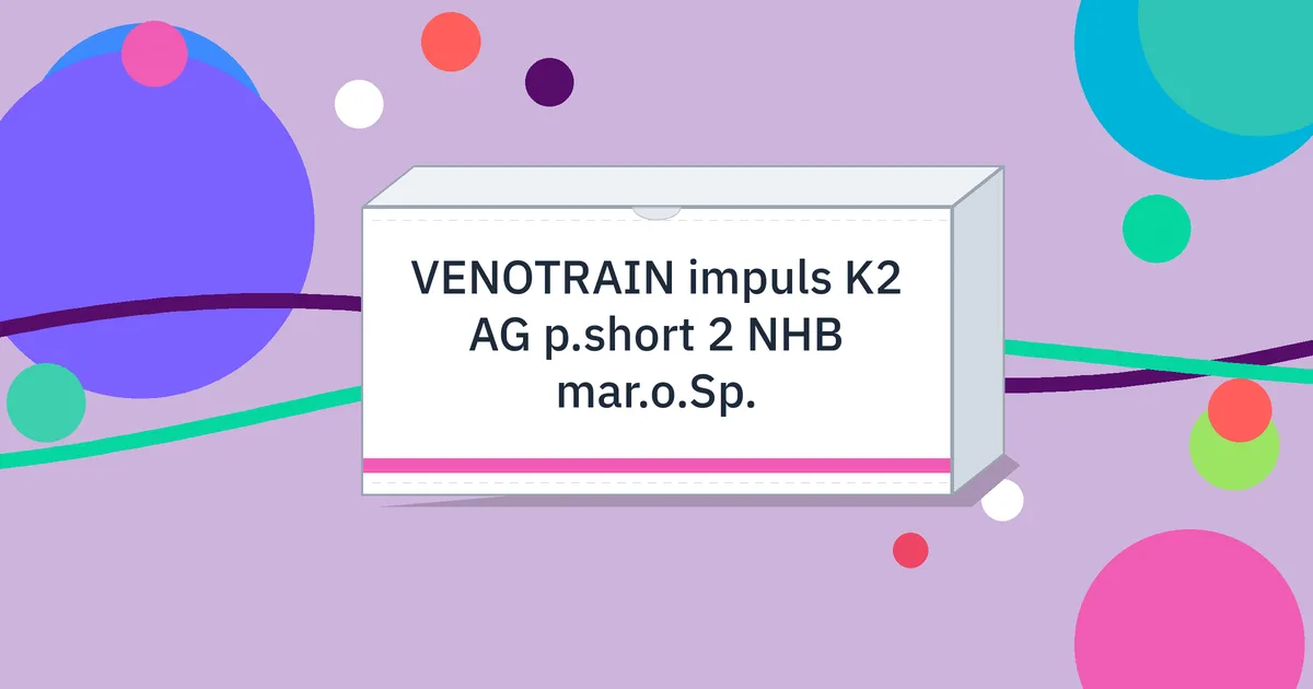 Symbolbild: Packung mit der Aufschrift VENOTRAIN impuls K2 AG p.short 2 NHB mar.o.Sp. (PZN 15214474) – Verfügbarkeit und Bezug in Apotheken in Frankfurt am Main
