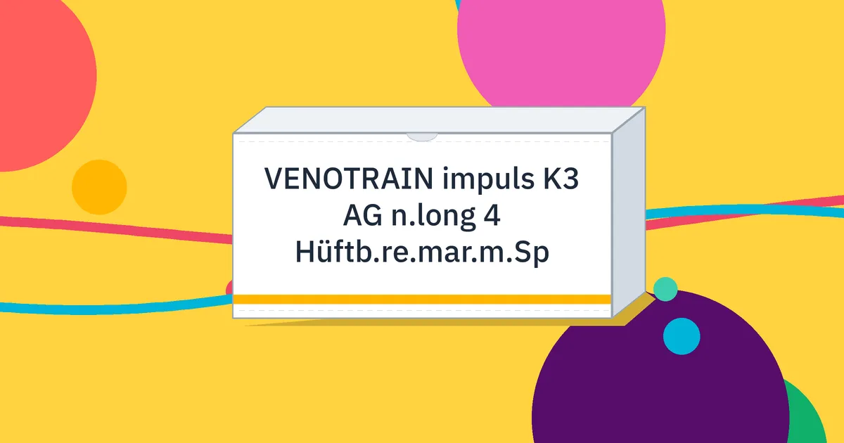 Symbolbild: Packung mit der Aufschrift VENOTRAIN impuls K3 AG n.long 4 Hüftb.re.mar.m.Sp (PZN 15217627) – Verfügbarkeit und Bezug in Apotheken in Frankfurt am Main