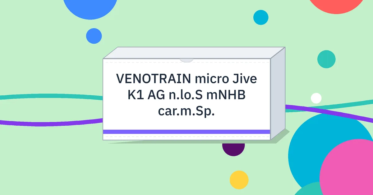 Symbolbild: Packung mit der Aufschrift VENOTRAIN micro Jive K1 AG n.lo.S mNHB car.m.Sp. (PZN 17758652) – Verfügbarkeit und Bezug in Apotheken in Frankfurt am Main