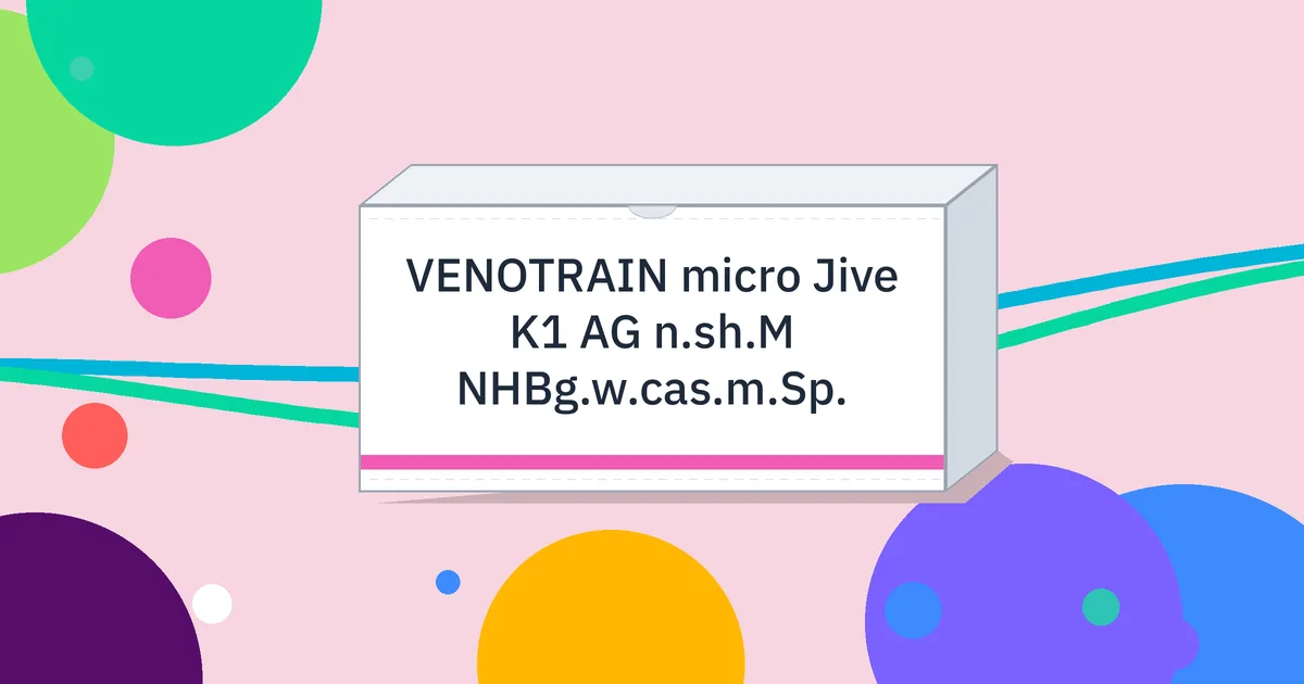 Symbolbild: Packung mit der Aufschrift VENOTRAIN micro Jive K1 AG n.sh.M NHBg.w.cas.m.Sp. (PZN 20767809) – Verfügbarkeit und Bezug in Apotheken in Frankfurt am Main