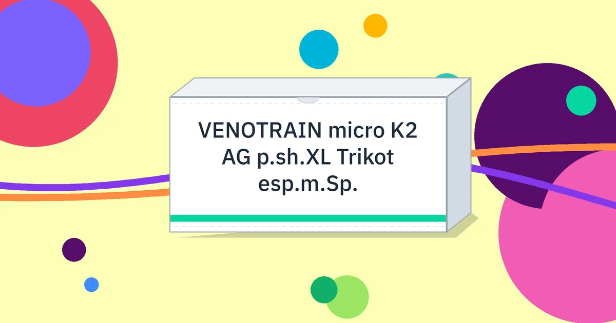 Symbolbild: Packung mit der Aufschrift VENOTRAIN micro K2 AG p.sh.XL Trikot esp.m.Sp. (PZN 05713029) – Verfügbarkeit und Bezug in Apotheken in Frankfurt am Main