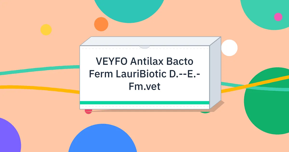 Symbolbild: Packung mit der Aufschrift VEYFO Antilax Bacto Ferm LauriBiotic D.--E.-Fm.vet (PZN 18378549) – Verfügbarkeit und Bezug in Apotheken in Frankfurt am Main