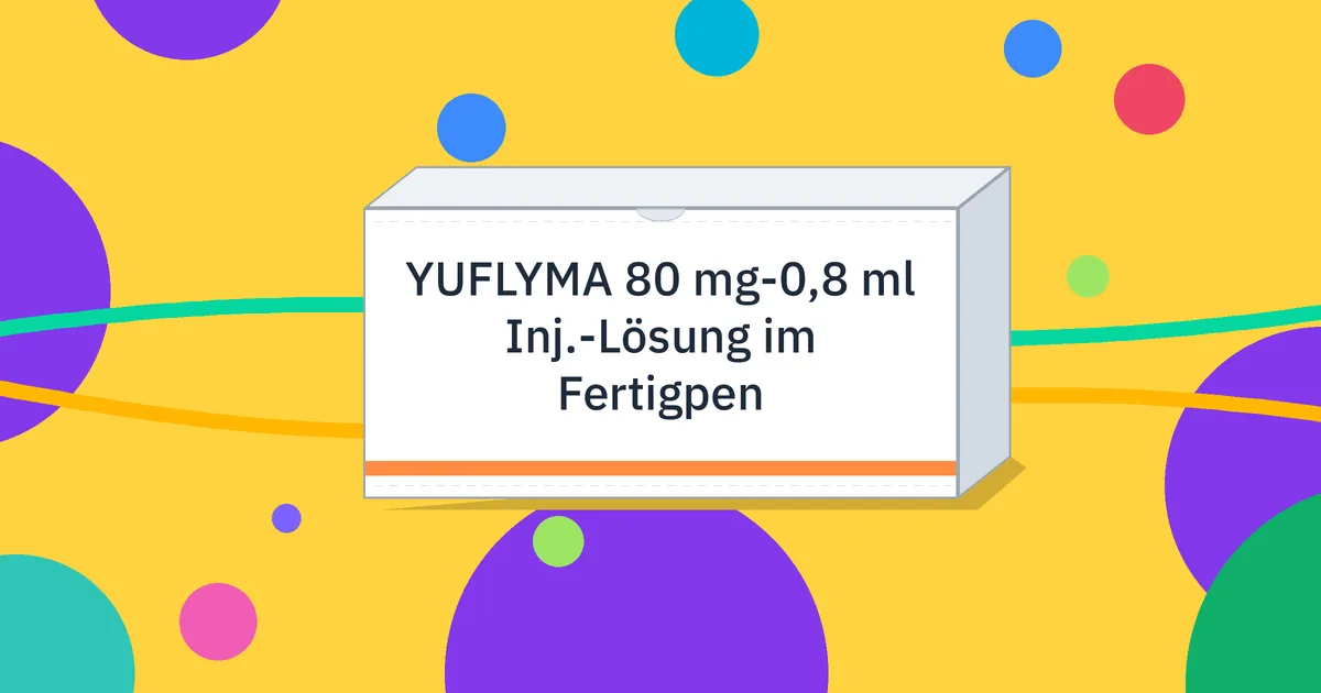 Symbolbild: Packung mit der Aufschrift YUFLYMA 80 mg-0,8 ml Inj.-Lösung im Fertigpen (PZN 19668278) – Verfügbarkeit und Bezug in Apotheken in Frankfurt am Main