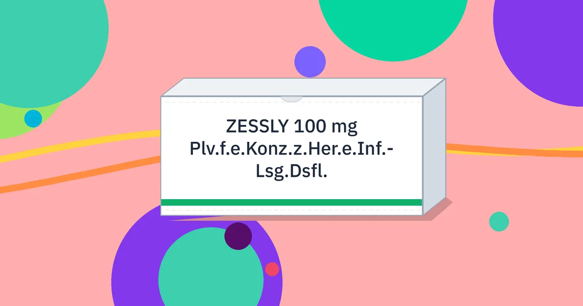 Symbolbild: Packung mit der Aufschrift ZESSLY 100 mg Plv.f.e.Konz.z.Her.e.Inf.-Lsg.Dsfl. (PZN 15889657) – Verfügbarkeit und Bezug in Apotheken in Frankfurt am Main