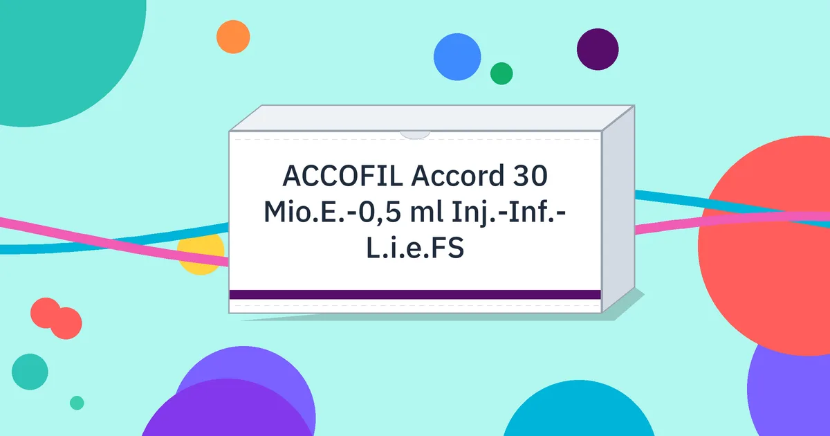 Symbolbild: Packung mit der Aufschrift ACCOFIL Accord 30 Mio.E.-0,5 ml Inj.-Inf.-L.i.e.FS (PZN 10914422) – Verfügbarkeit und Bezug in Apotheken in Frankfurt am Main