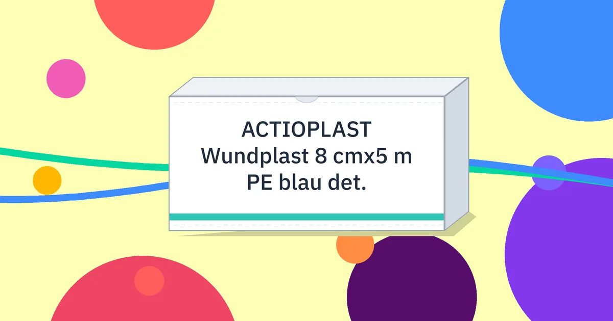 Symbolbild: Packung mit der Aufschrift ACTIOPLAST Wundplast 8 cmx5 m PE blau det. (PZN 05392720) – Verfügbarkeit und Bezug in Apotheken in Frankfurt am Main
