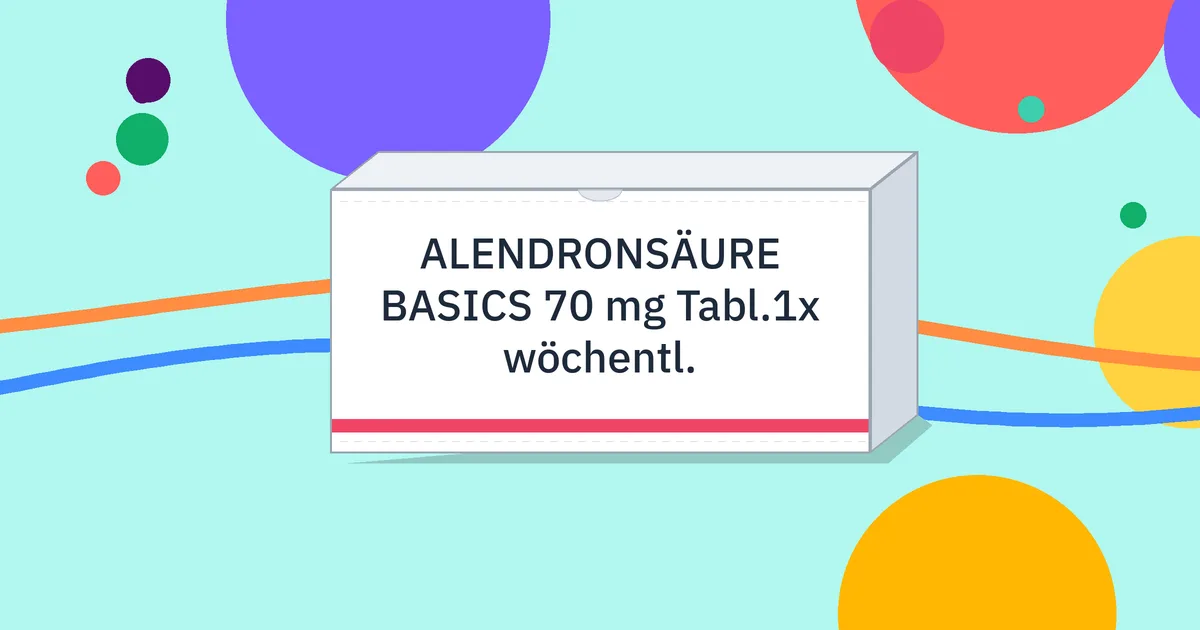 Symbolbild: Packung mit der Aufschrift ALENDRONSÄURE BASICS 70 mg Tabl.1x wöchentl. (PZN 00276564) – Verfügbarkeit und Bezug in Apotheken in Frankfurt am Main