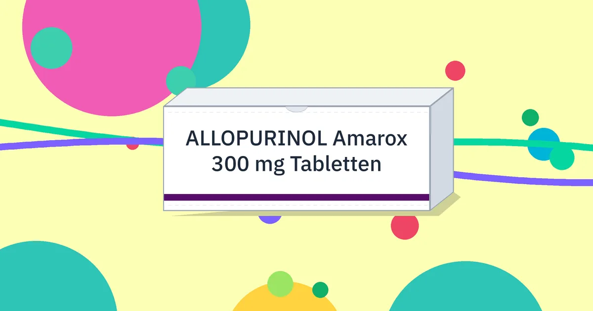 Symbolbild: Packung mit der Aufschrift ALLOPURINOL Amarox 300 mg Tabletten (PZN 18273307) – Verfügbarkeit und Bezug in Apotheken in Frankfurt am Main