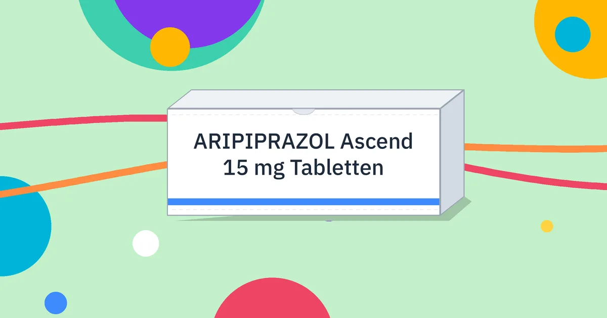 Symbolbild: Packung mit der Aufschrift ARIPIPRAZOL Ascend 15 mg Tabletten (PZN 18425467) – Verfügbarkeit und Bezug in Apotheken in Frankfurt am Main