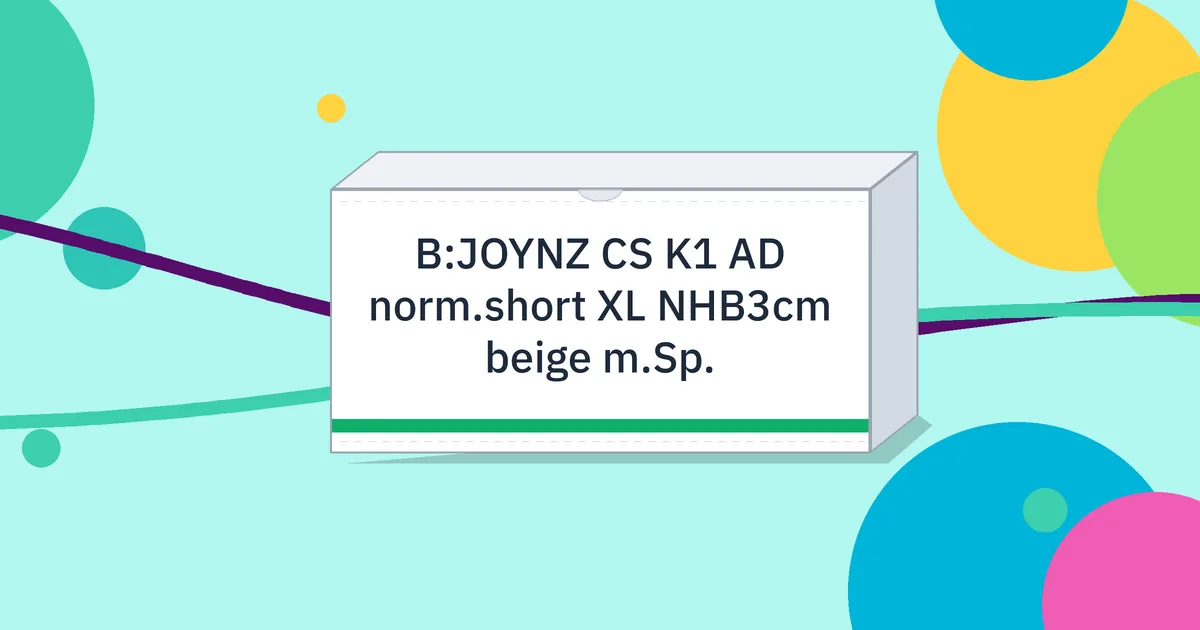 Symbolbild: Packung mit der Aufschrift B:JOYNZ CS K1 AD norm.short XL NHB3cm beige m.Sp. (PZN 20529429) – Verfügbarkeit und Bezug in Apotheken in Frankfurt am Main