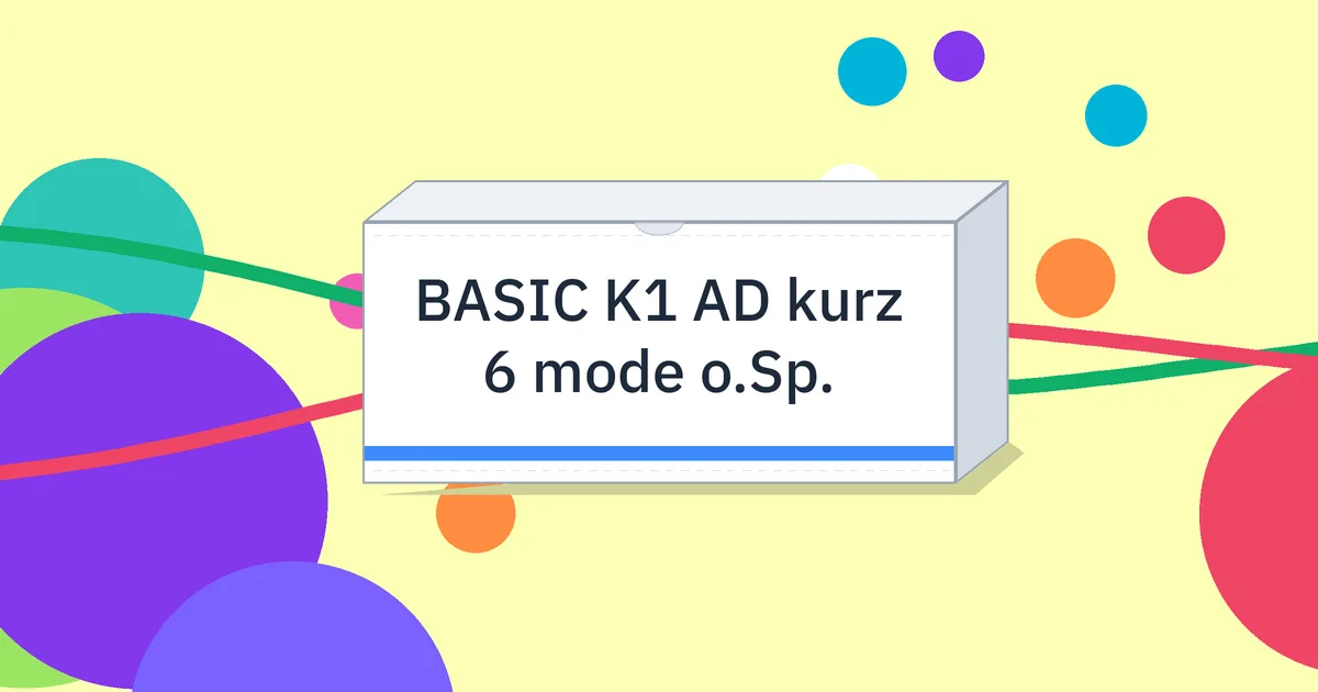 Symbolbild: Packung mit der Aufschrift BASIC K1 AD kurz 6 mode o.Sp. (PZN 20259378) – Verfügbarkeit und Bezug in Apotheken in Frankfurt am Main