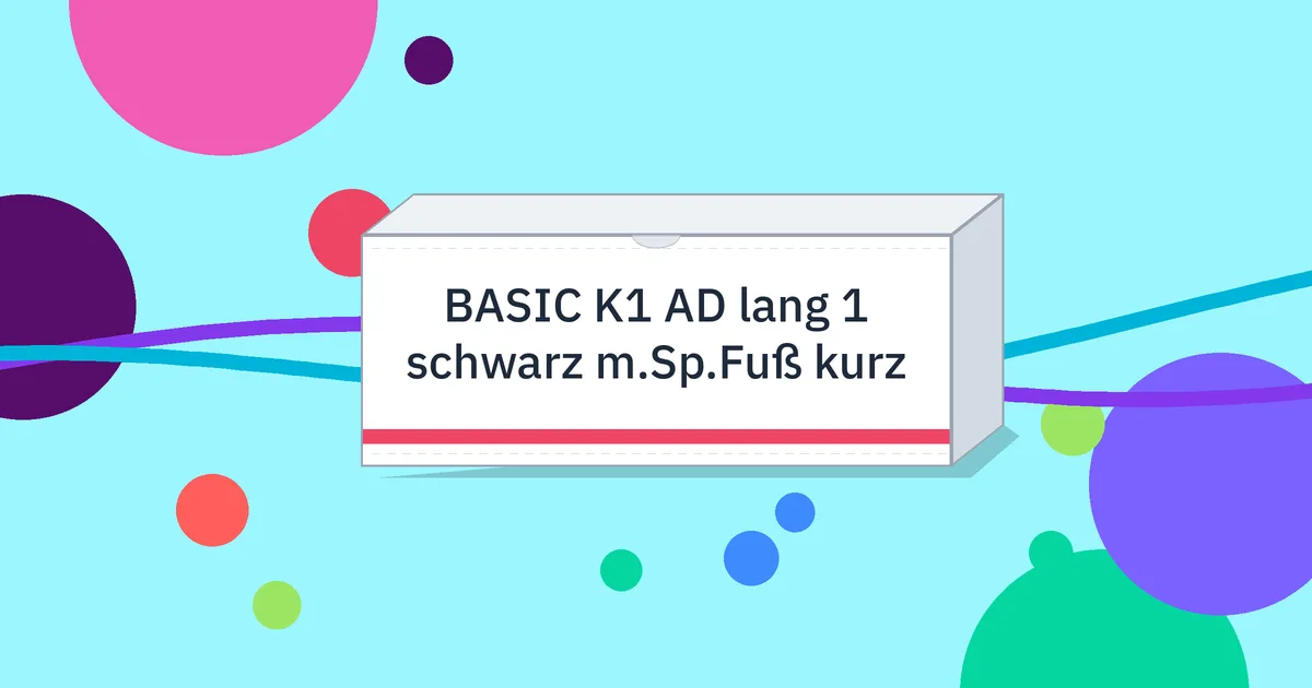 Symbolbild: Packung mit der Aufschrift BASIC K1 AD lang 1 schwarz m.Sp.Fuß kurz (PZN 20256836) – Verfügbarkeit und Bezug in Apotheken in Frankfurt am Main