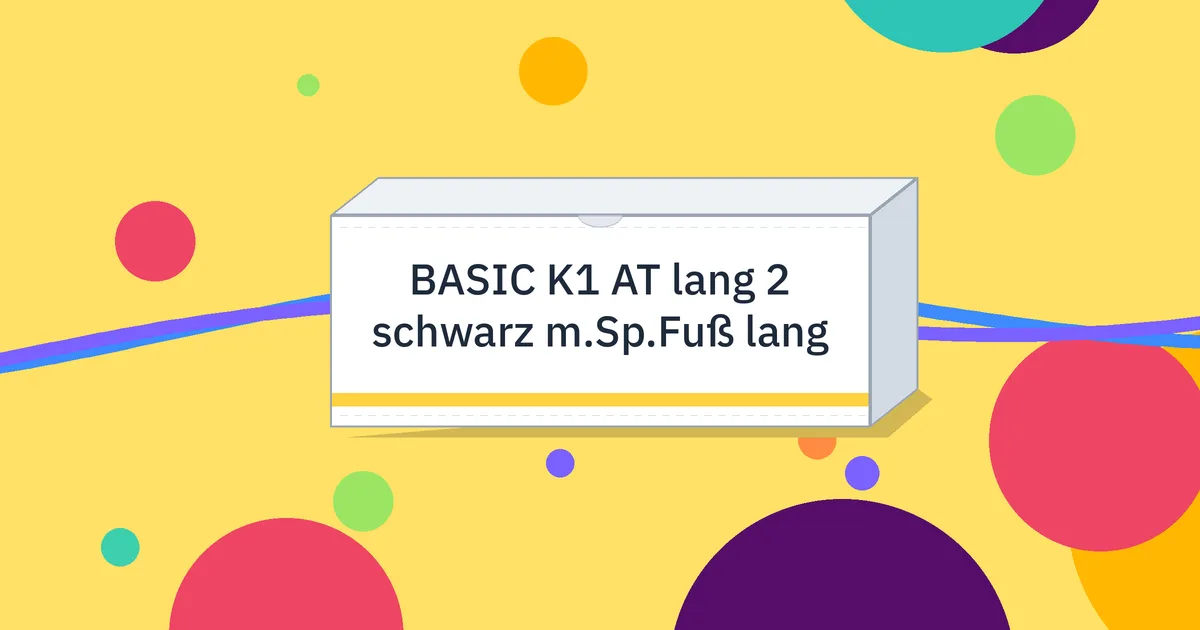Symbolbild: Packung mit der Aufschrift BASIC K1 AT lang 2 schwarz m.Sp.Fuß lang (PZN 20262311) – Verfügbarkeit und Bezug in Apotheken in Frankfurt am Main