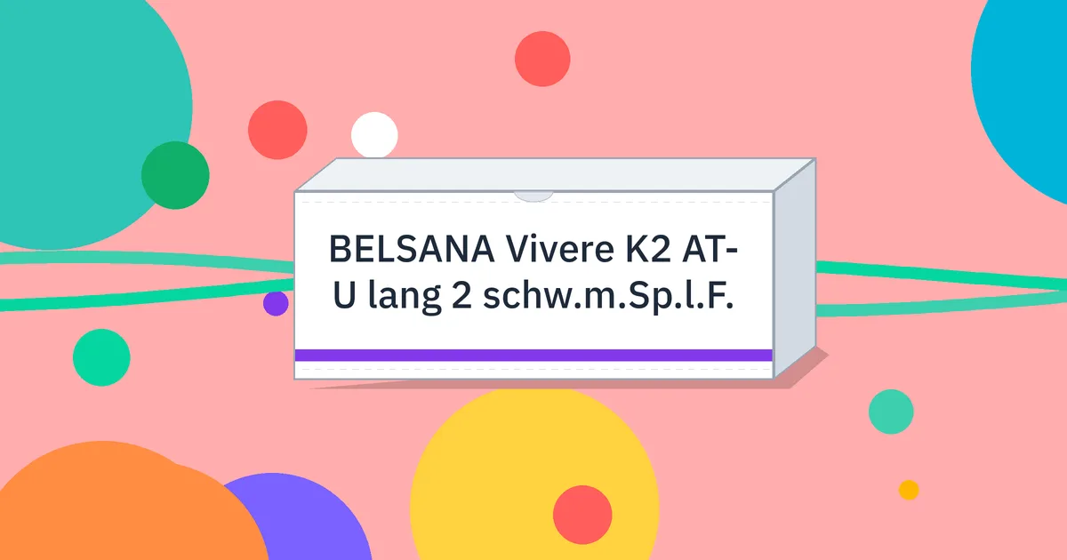 Symbolbild: Packung mit der Aufschrift BELSANA Vivere K2 AT-U lang 2 schw.m.Sp.l.F. (PZN 08536214) – Verfügbarkeit und Bezug in Apotheken in Frankfurt am Main
