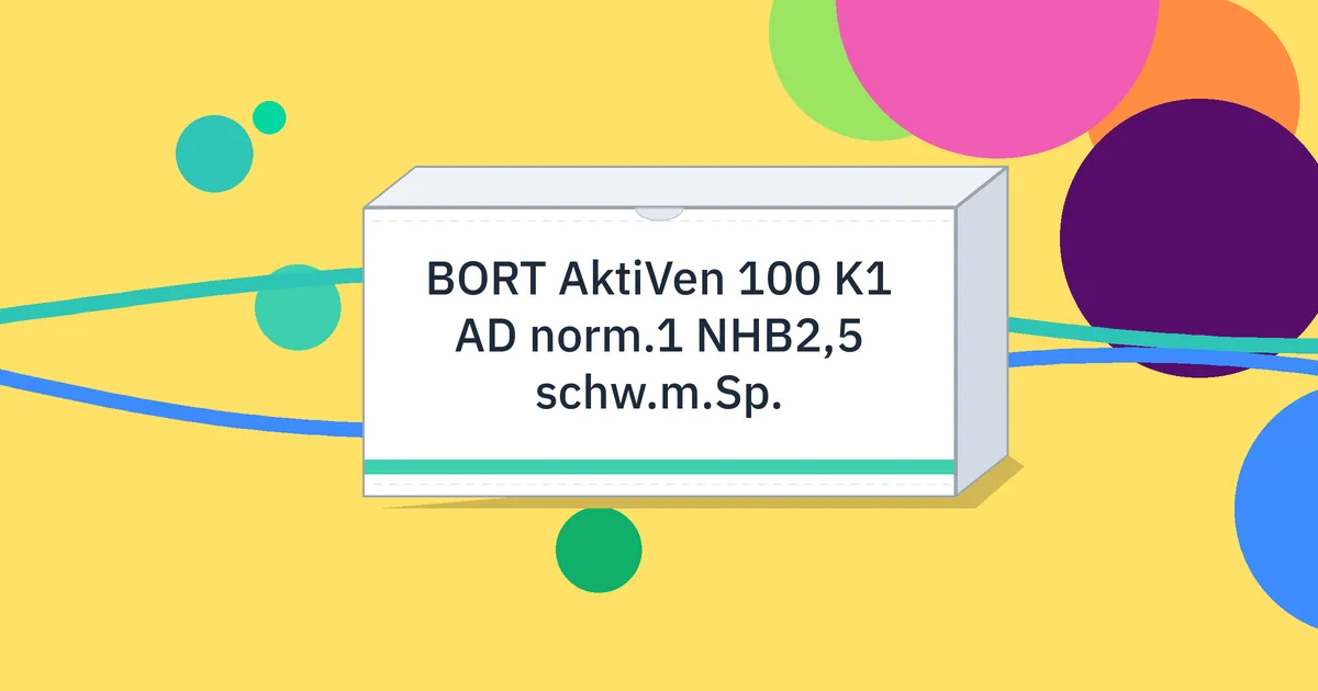 Symbolbild: Packung mit der Aufschrift BORT AktiVen 100 K1 AD norm.1 NHB2,5 schw.m.Sp. (PZN 17502094) – Verfügbarkeit und Bezug in Apotheken in Frankfurt am Main