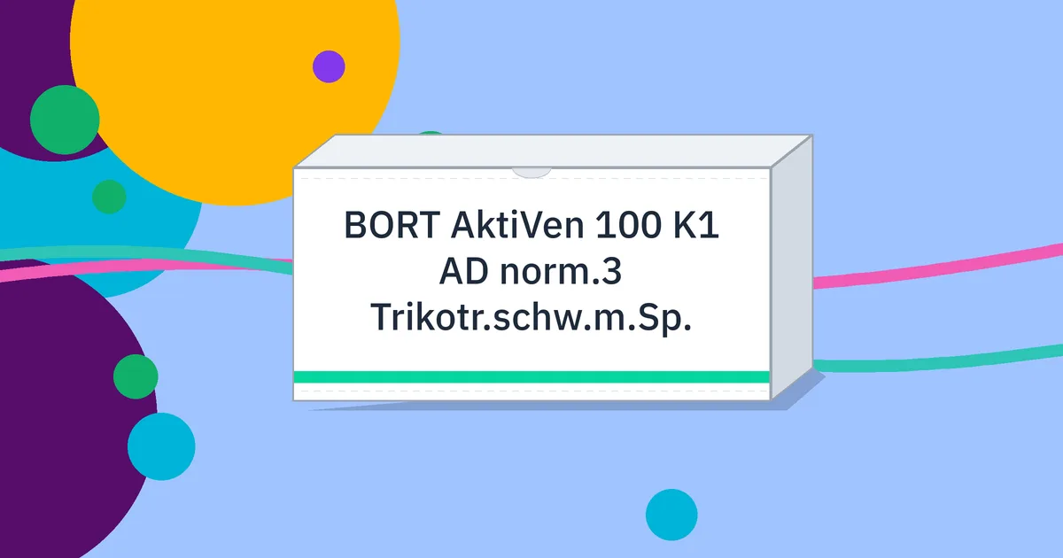 Symbolbild: Packung mit der Aufschrift BORT AktiVen 100 K1 AD norm.3 Trikotr.schw.m.Sp. (PZN 14387066) – Verfügbarkeit und Bezug in Apotheken in Frankfurt am Main