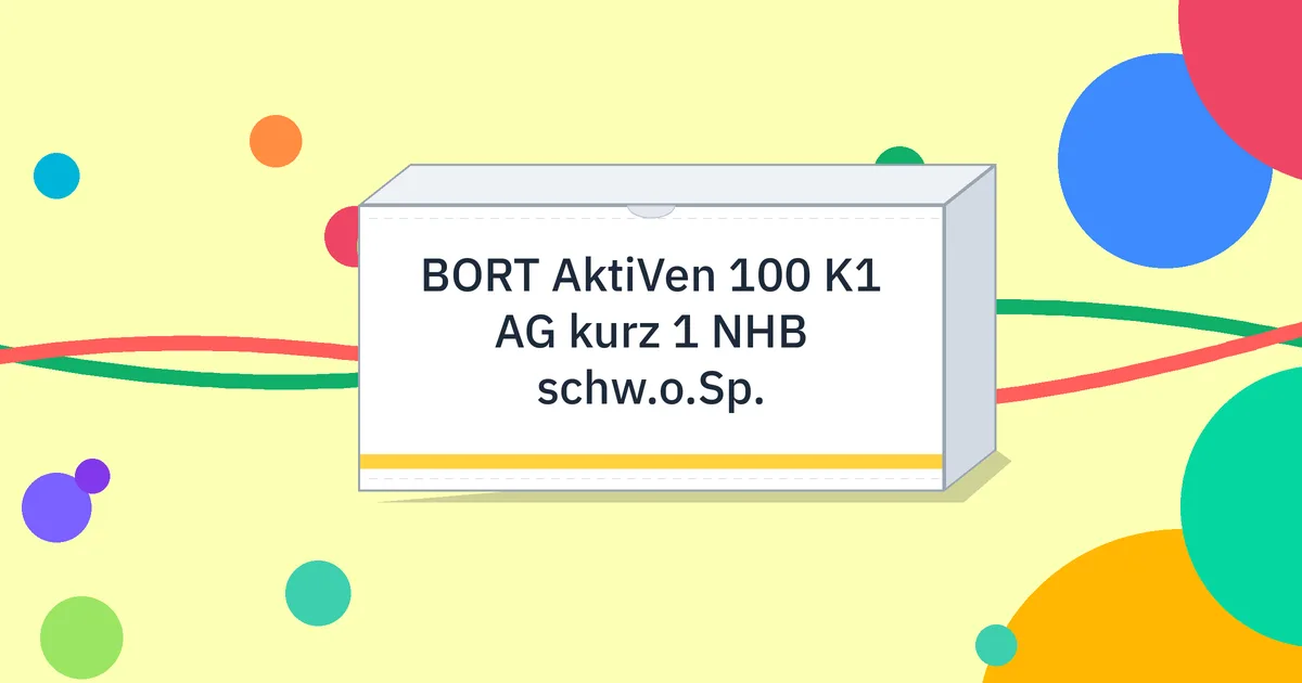 Symbolbild: Packung mit der Aufschrift BORT AktiVen 100 K1 AG kurz 1 NHB schw.o.Sp. (PZN 14387706) – Verfügbarkeit und Bezug in Apotheken in Frankfurt am Main