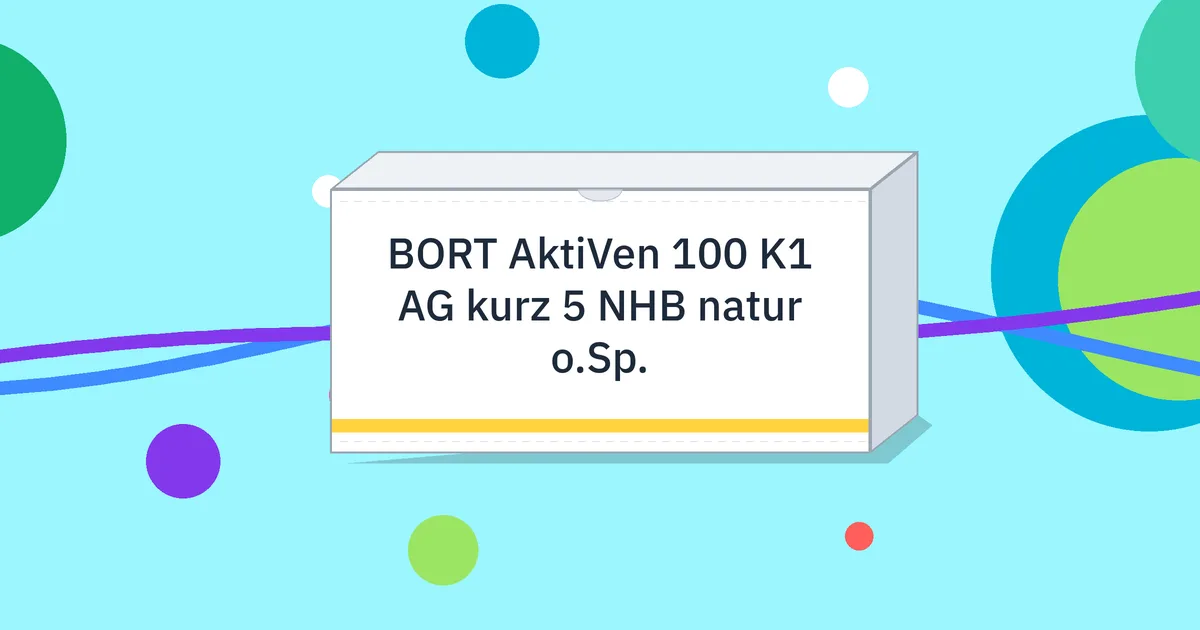 Symbolbild: Packung mit der Aufschrift BORT AktiVen 100 K1 AG kurz 5 NHB natur o.Sp. (PZN 13729576) – Verfügbarkeit und Bezug in Apotheken in Frankfurt am Main