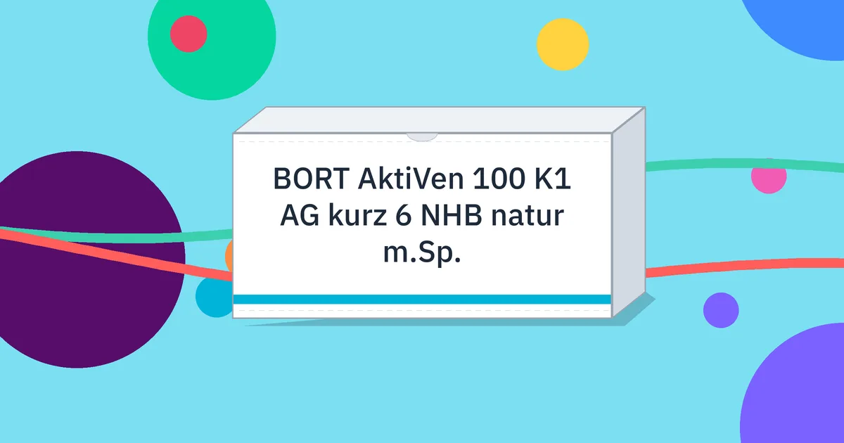 Symbolbild: Packung mit der Aufschrift BORT AktiVen 100 K1 AG kurz 6 NHB natur m.Sp. (PZN 13729932) – Verfügbarkeit und Bezug in Apotheken in Frankfurt am Main