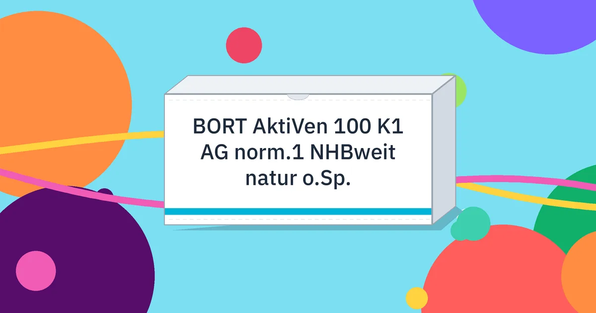 Symbolbild: Packung mit der Aufschrift BORT AktiVen 100 K1 AG norm.1 NHBweit natur o.Sp. (PZN 13729429) – Verfügbarkeit und Bezug in Apotheken in Frankfurt am Main