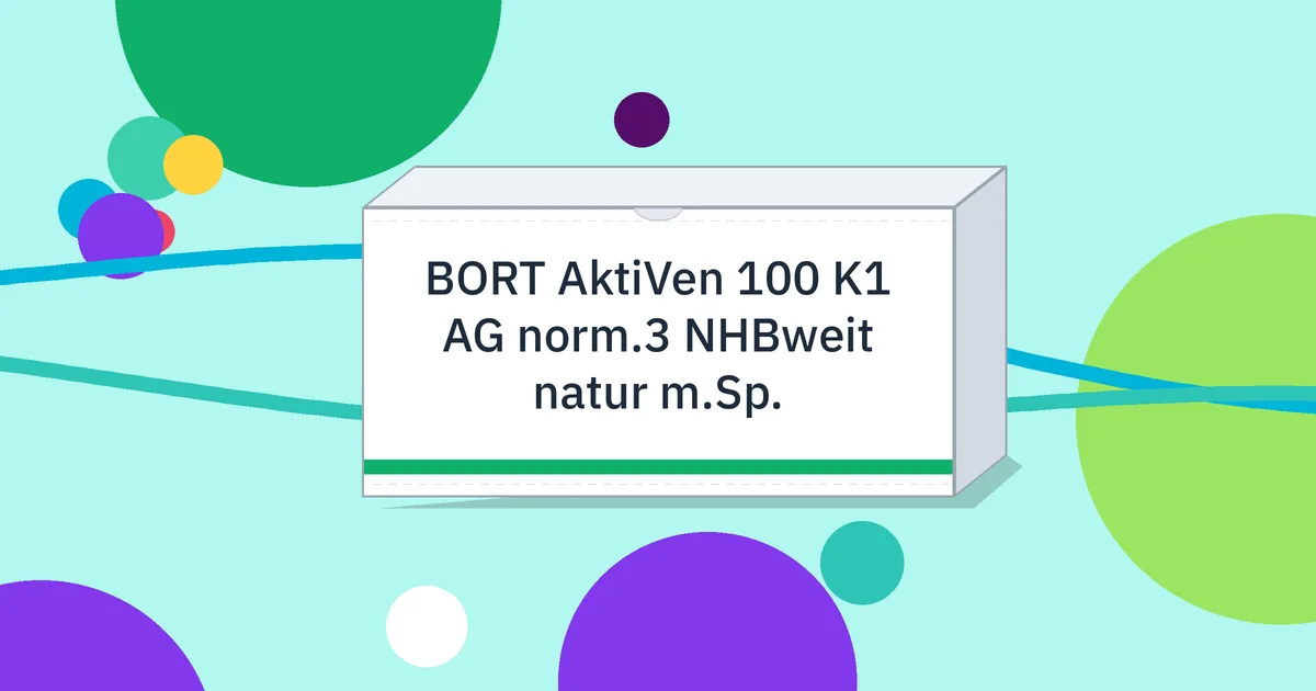 Symbolbild: Packung mit der Aufschrift BORT AktiVen 100 K1 AG norm.3 NHBweit natur m.Sp. (PZN 13729777) – Verfügbarkeit und Bezug in Apotheken in Frankfurt am Main