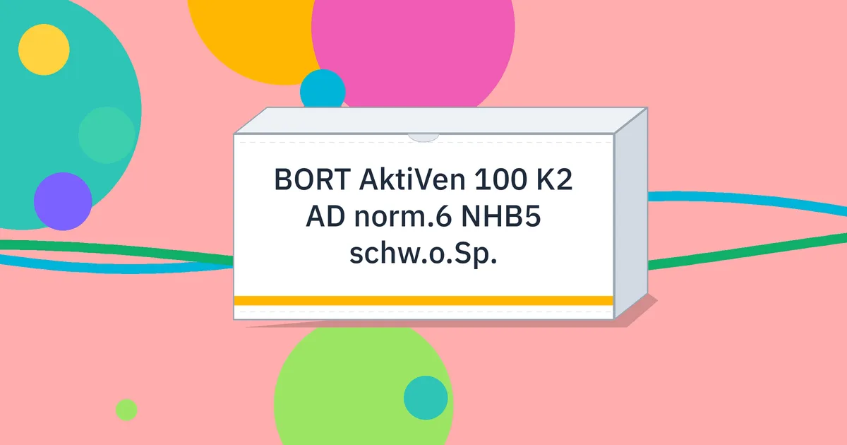 Symbolbild: Packung mit der Aufschrift BORT AktiVen 100 K2 AD norm.6 NHB5 schw.o.Sp. (PZN 17496873) – Verfügbarkeit und Bezug in Apotheken in Frankfurt am Main