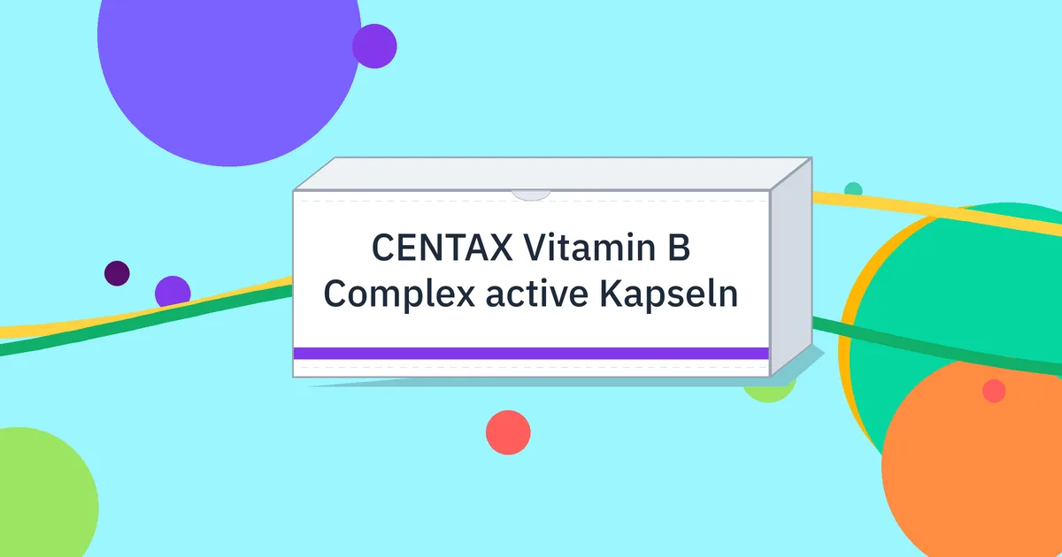 Symbolbild: Packung mit der Aufschrift CENTAX Vitamin B Complex active Kapseln (PZN 17257849) – Verfügbarkeit und Bezug in Apotheken in Frankfurt am Main