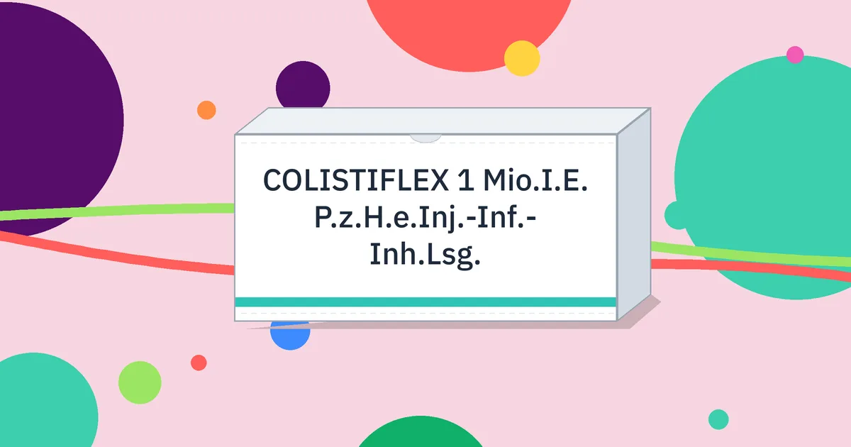 Symbolbild: Packung mit der Aufschrift COLISTIFLEX 1 Mio.I.E. P.z.H.e.Inj.-Inf.-Inh.Lsg. (PZN 11511790) – Verfügbarkeit und Bezug in Apotheken in Frankfurt am Main