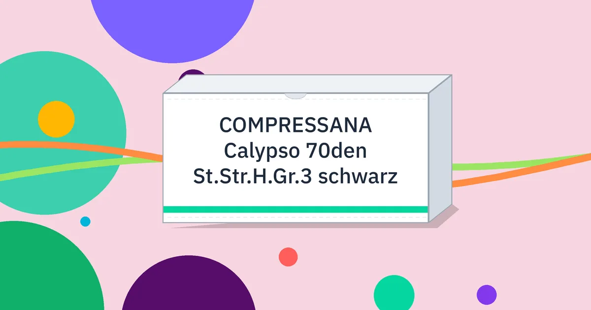 Symbolbild: Packung mit der Aufschrift COMPRESSANA Calypso 70den St.Str.H.Gr.3 schwarz (PZN 07718918) – Verfügbarkeit und Bezug in Apotheken in Frankfurt am Main