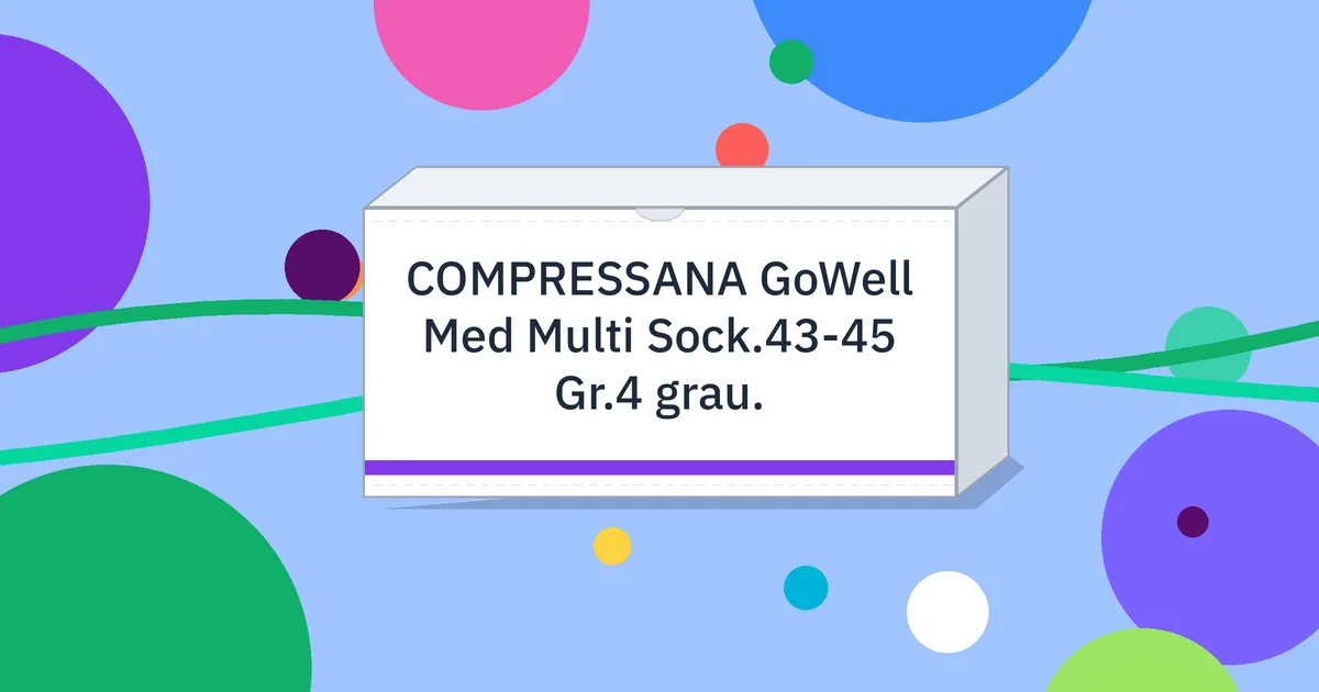 Symbolbild: Packung mit der Aufschrift COMPRESSANA GoWell Med Multi Sock.43-45 Gr.4 grau. (PZN 03116476) – Verfügbarkeit und Bezug in Apotheken in Frankfurt am Main