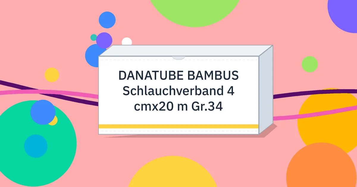 Symbolbild: Packung mit der Aufschrift DANATUBE BAMBUS Schlauchverband 4 cmx20 m Gr.34 (PZN 18368373) – Verfügbarkeit und Bezug in Apotheken in Frankfurt am Main