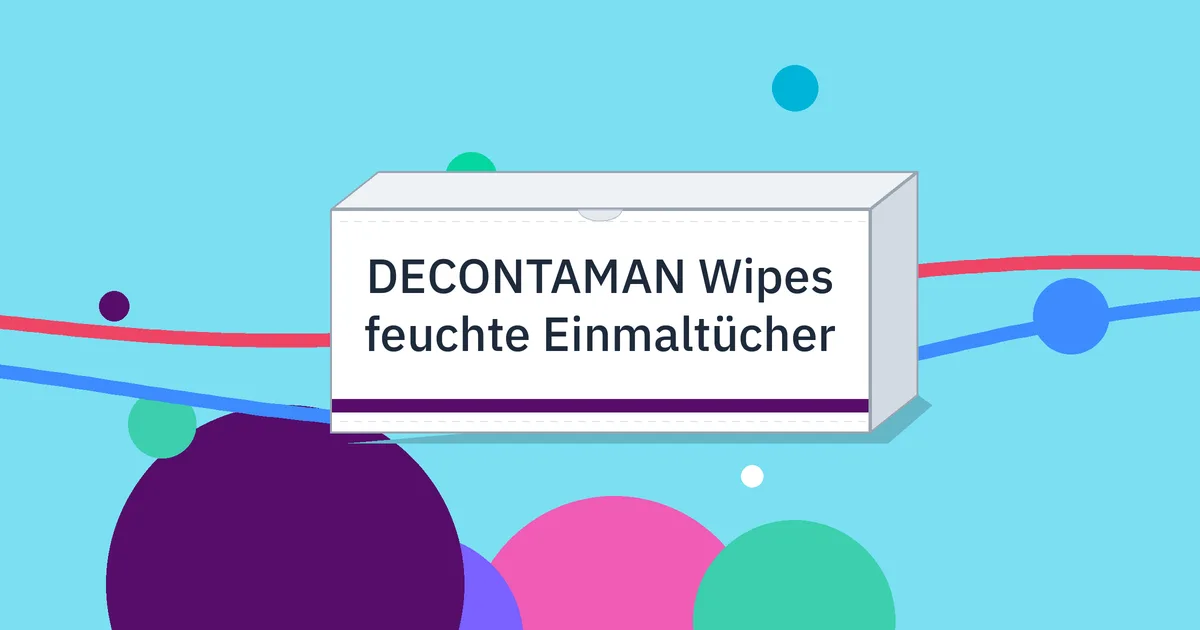Symbolbild: Packung mit der Aufschrift DECONTAMAN Wipes feuchte Einmaltücher (PZN 09888205) – Verfügbarkeit und Bezug in Apotheken in Frankfurt am Main