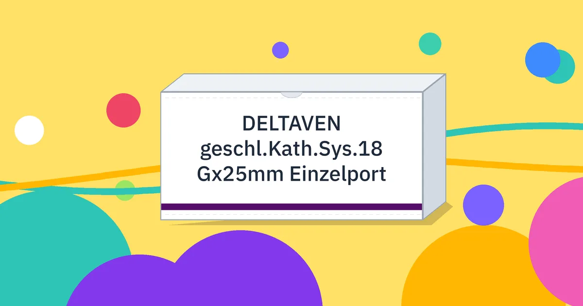 Symbolbild: Packung mit der Aufschrift DELTAVEN geschl.Kath.Sys.18 Gx25mm Einzelport (PZN 13977506) – Verfügbarkeit und Bezug in Apotheken in Frankfurt am Main