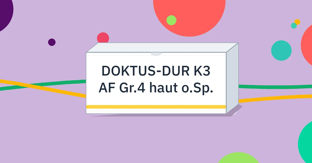 Symbolbild: Packung mit der Aufschrift DOKTUS-DUR K3 AF Gr.4 haut o.Sp. (PZN 00597073) – Verfügbarkeit und Bezug in Apotheken in Frankfurt am Main