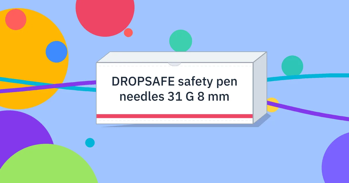 Symbolbild: Packung mit der Aufschrift DROPSAFE safety pen needles 31 G 8 mm (PZN 20176267) – Verfügbarkeit und Bezug in Apotheken in Frankfurt am Main