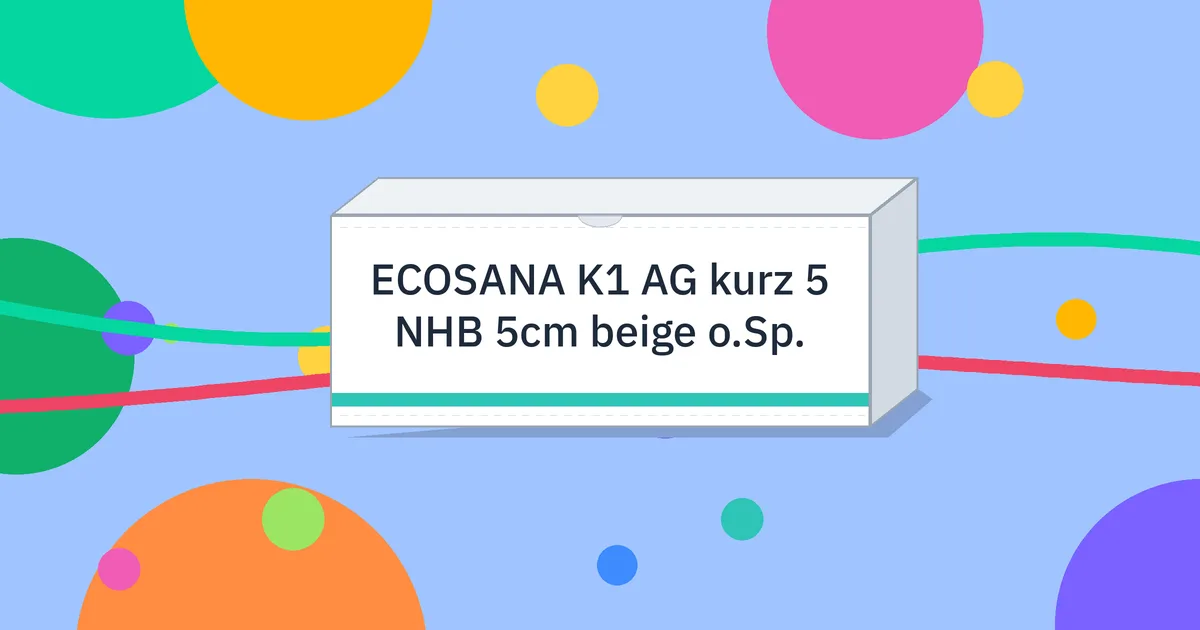 Symbolbild: Packung mit der Aufschrift ECOSANA K1 AG kurz 5 NHB 5cm beige o.Sp. (PZN 04729063) – Verfügbarkeit und Bezug in Apotheken in Frankfurt am Main