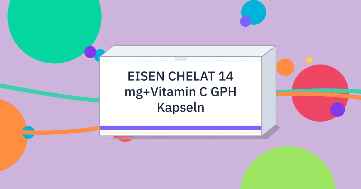 Symbolbild: Packung mit der Aufschrift EISEN CHELAT 14 mg+Vitamin C GPH Kapseln (PZN 10082341) – Verfügbarkeit und Bezug in Apotheken in Frankfurt am Main