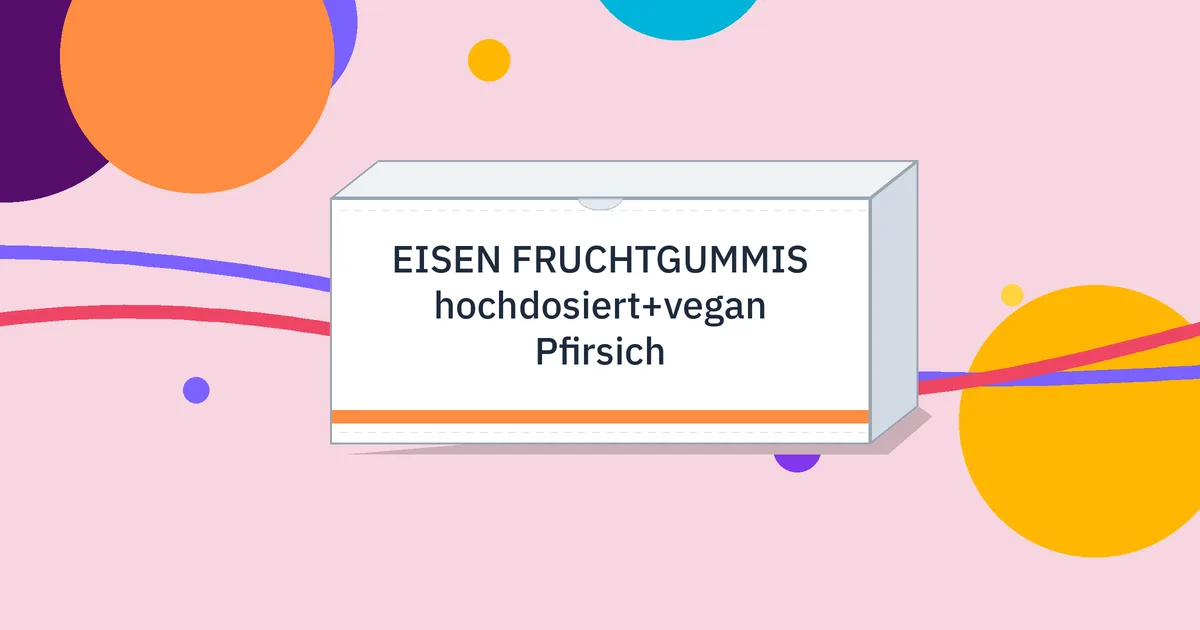 Symbolbild: Packung mit der Aufschrift EISEN FRUCHTGUMMIS hochdosiert+vegan Pfirsich (PZN 16964160) – Verfügbarkeit und Bezug in Apotheken in Frankfurt am Main