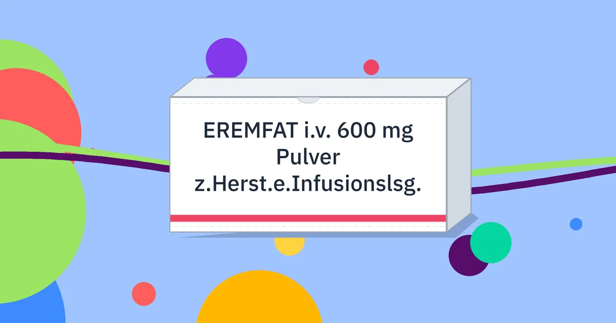 Symbolbild: Packung mit der Aufschrift EREMFAT i.v. 600 mg Pulver z.Herst.e.Infusionslsg. (PZN 09505109) – Verfügbarkeit und Bezug in Apotheken in Frankfurt am Main