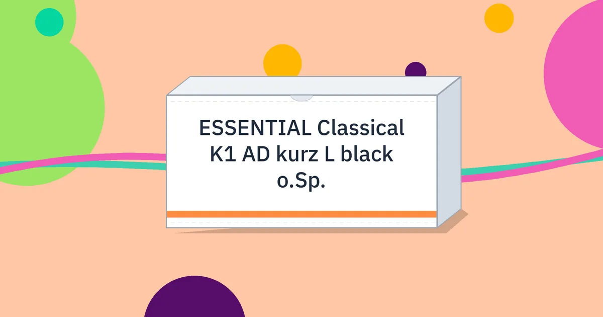 Symbolbild: Packung mit der Aufschrift ESSENTIAL Classical K1 AD kurz L black o.Sp. (PZN 17004172) – Verfügbarkeit und Bezug in Apotheken in Frankfurt am Main