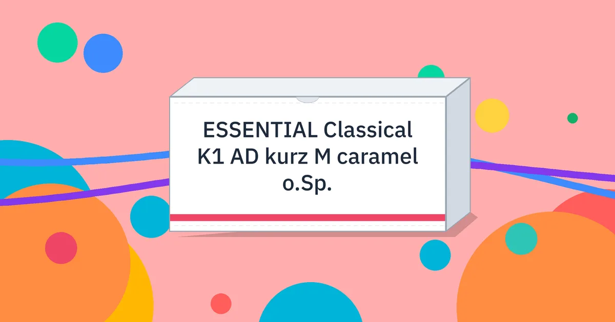 Symbolbild: Packung mit der Aufschrift ESSENTIAL Classical K1 AD kurz M caramel o.Sp. (PZN 17009057) – Verfügbarkeit und Bezug in Apotheken in Frankfurt am Main