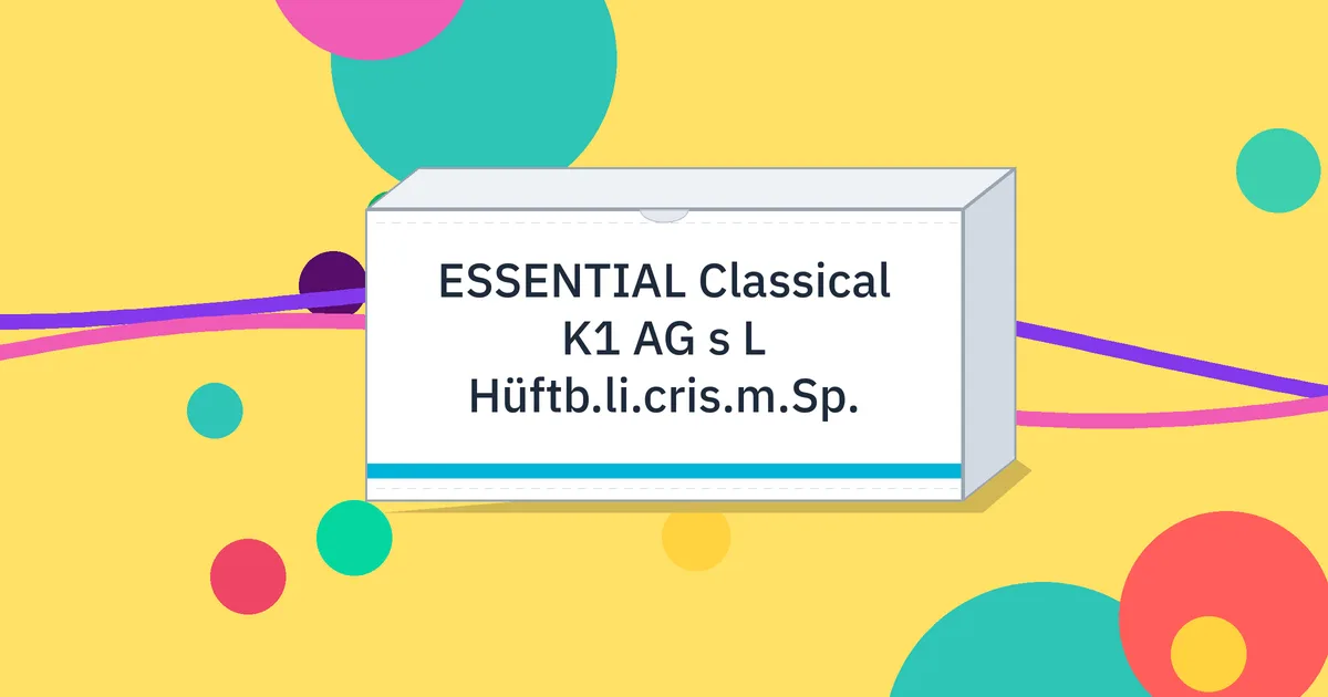 Symbolbild: Packung mit der Aufschrift ESSENTIAL Classical K1 AG s L Hüftb.li.cris.m.Sp. (PZN 17012148) – Verfügbarkeit und Bezug in Apotheken in Frankfurt am Main