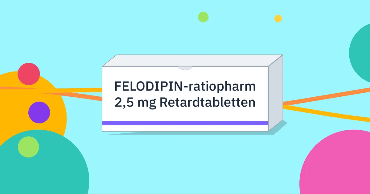 Symbolbild: Packung mit der Aufschrift FELODIPIN-ratiopharm 2,5 mg Retardtabletten (PZN 01414270) – Verfügbarkeit und Bezug in Apotheken in Frankfurt am Main