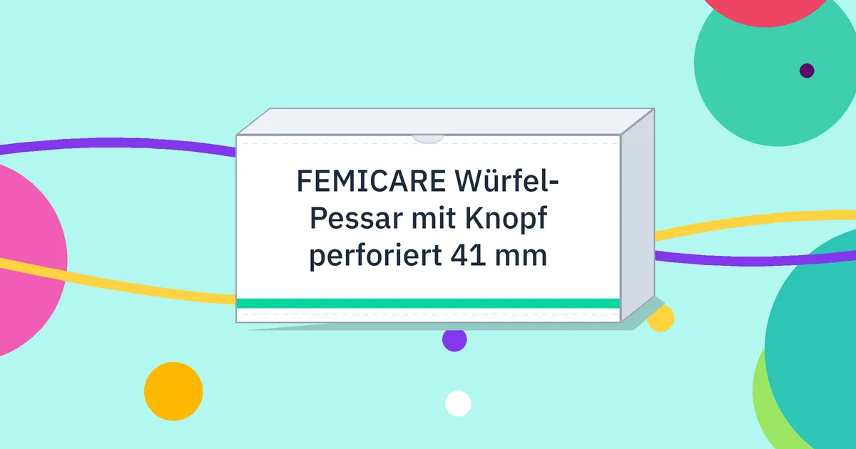 Symbolbild: Packung mit der Aufschrift FEMICARE Würfel-Pessar mit Knopf perforiert 41 mm (PZN 19335938) – Verfügbarkeit und Bezug in Apotheken in Frankfurt am Main