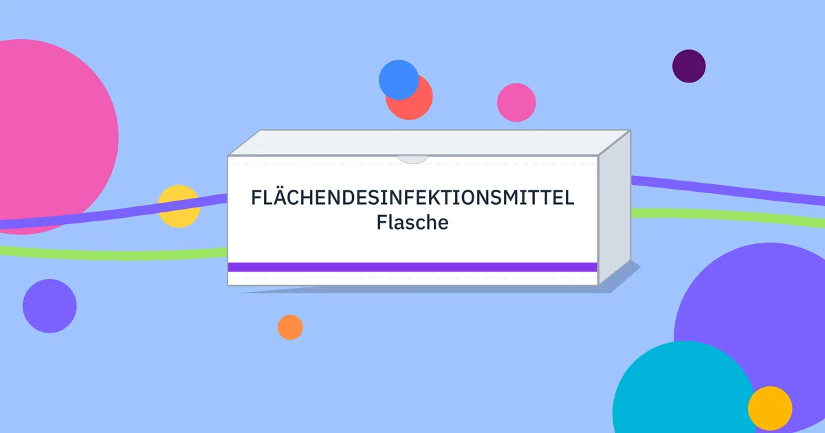 Symbolbild: Packung mit der Aufschrift FLÄCHENDESINFEKTIONSMITTEL Flasche (PZN 16605484) – Verfügbarkeit und Bezug in Apotheken in Frankfurt am Main